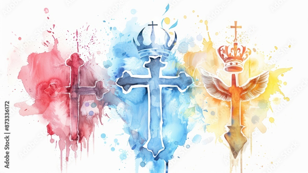 Holy Trinity symbols. Cross, crown and dove of Holy Spirit on the ...