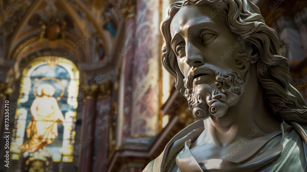 Jesus Christ. Statue of Jesus in a church, stained glass in background ...