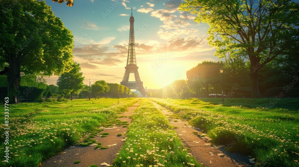 Paris Eiffel Tower over green grass lane in Paris, France. Web banner ...