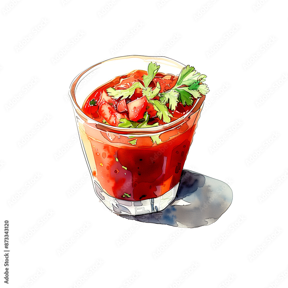 Watercolor illustration of gazpacho, vegetable juice and salsa sauce on ...