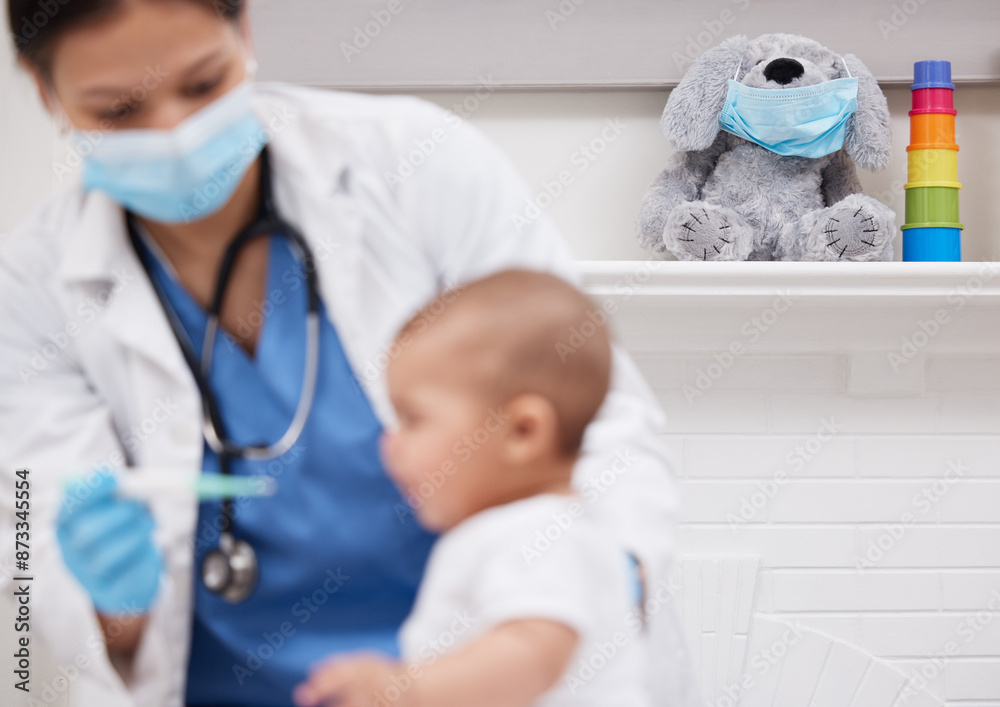 Baby, doctor and crying for thermometer in hospital, fever and lungs ...
