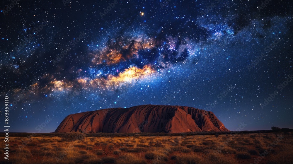 Uluru (Ayers Rock) under a starry night sky with the Milky Way. Concept ...