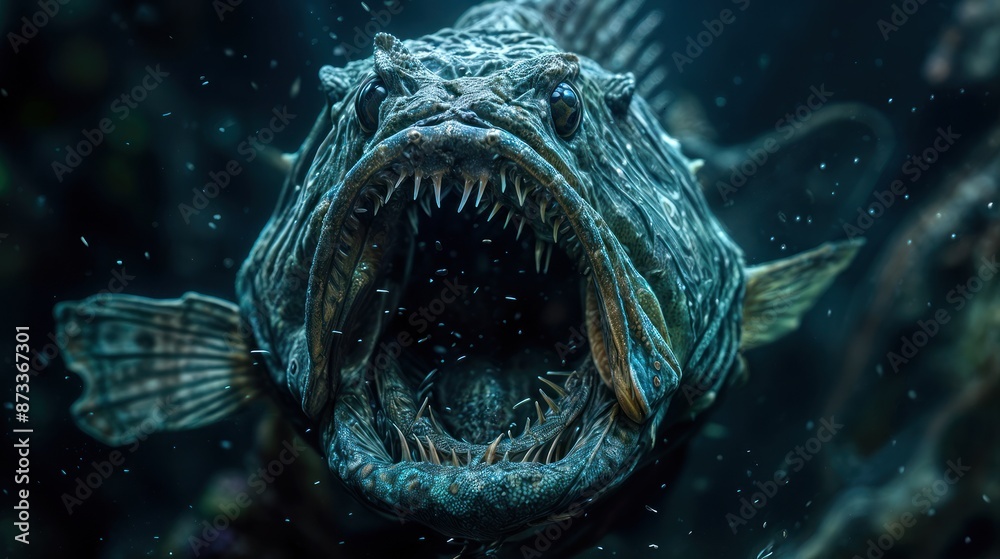 A terrifying monster fish with blue scales and sharp teeth emerges from ...