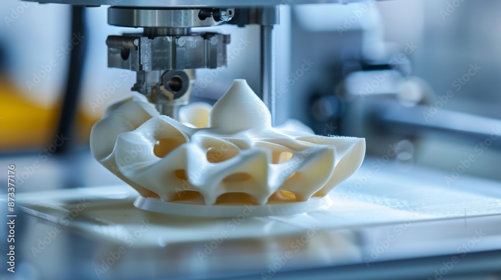 A closeup of a 3D printed object in progress with the layers of plastic ...