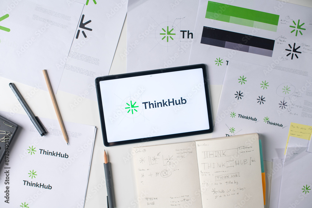 tabletop view of a logo design process, featuring sketches, color swatches, and digital drafts ...