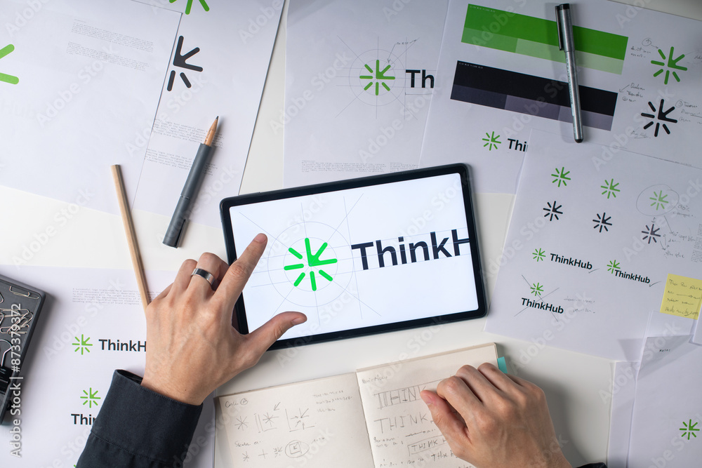 tabletop view of a logo design process, featuring sketches, color swatches, and digital drafts ...