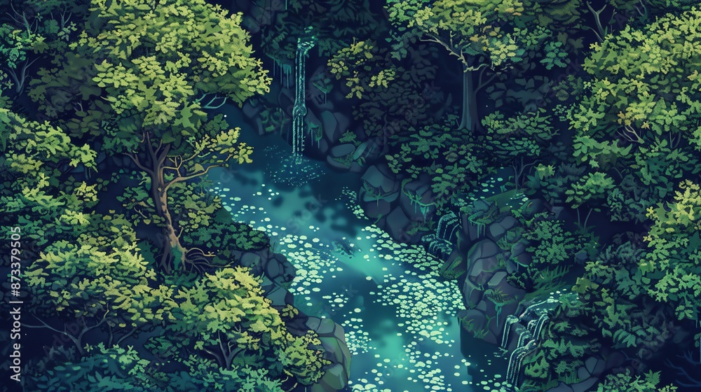 Pixel art of a dense forest with a small river flowing through it, rich ...