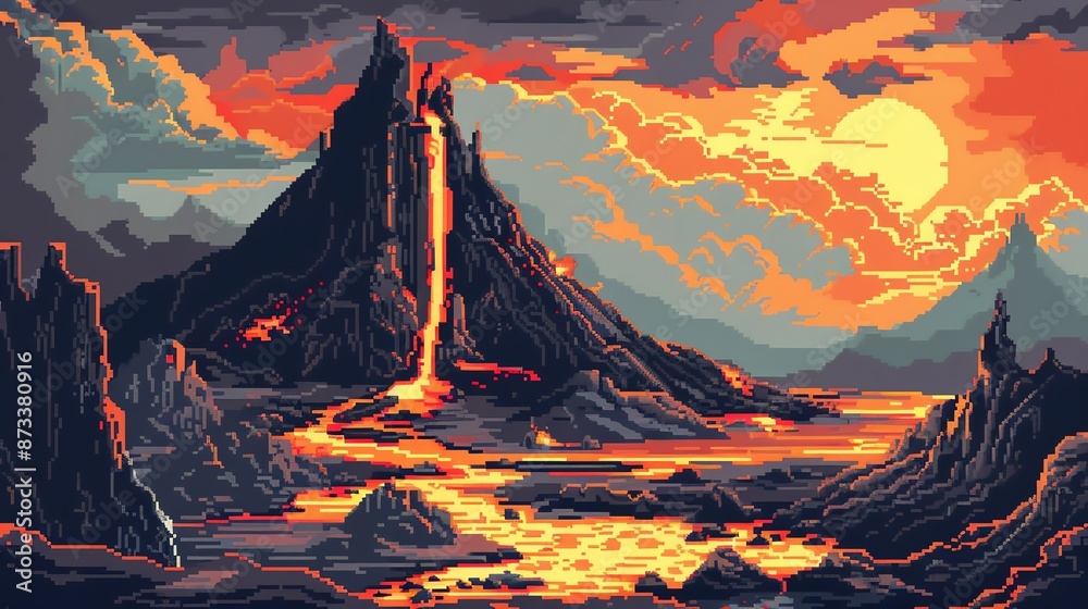 Retro pixel art of a volcanic landscape with flowing lava and rocky ...