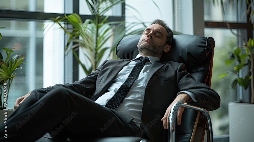 Sleepy tired sleeping business man boss exhausted sitting office chair ...