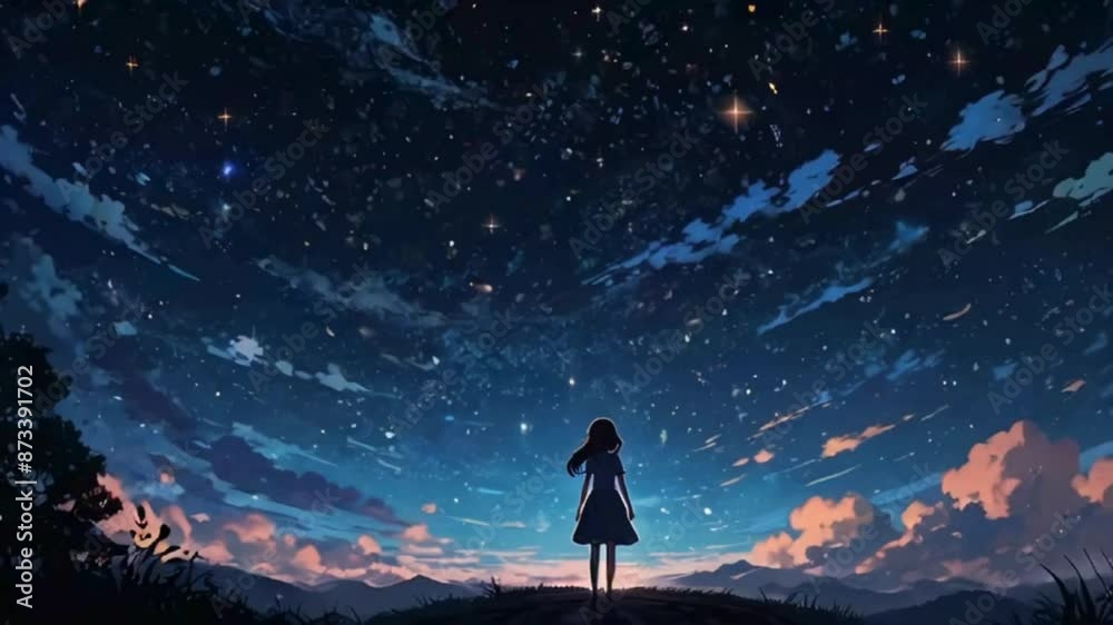 Anime Girl Looking Up at a Starry Night Sky Stock Video | Adobe Stock