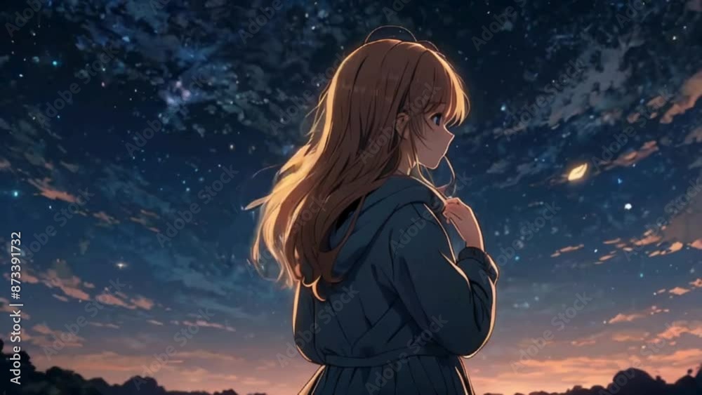 Anime Girl Looking Up at a Starry Night Sky Stock Video | Adobe Stock