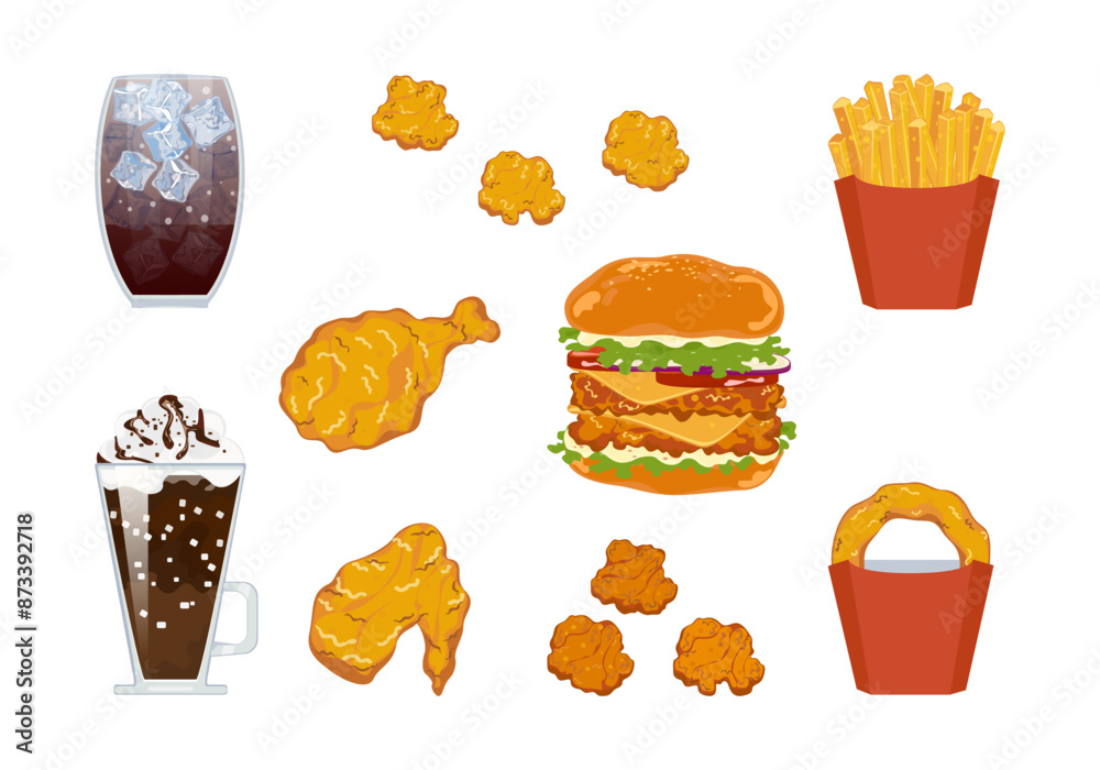 Fast food icons set Fast food restaurant menus. Soft drink, cocoa ...