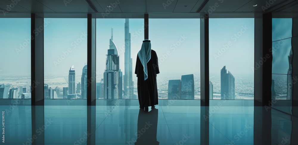 Saudi man in traditional attire admiring futuristic city skyline ...