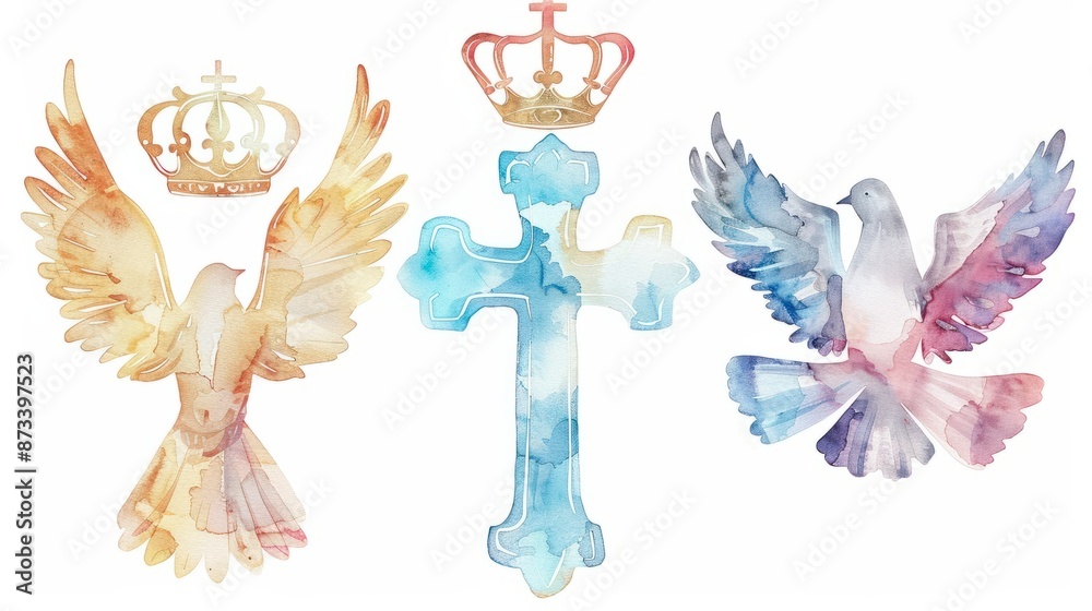 Holy Trinity symbols. Cross, crown and dove of Holy Spirit. Watercolor ...