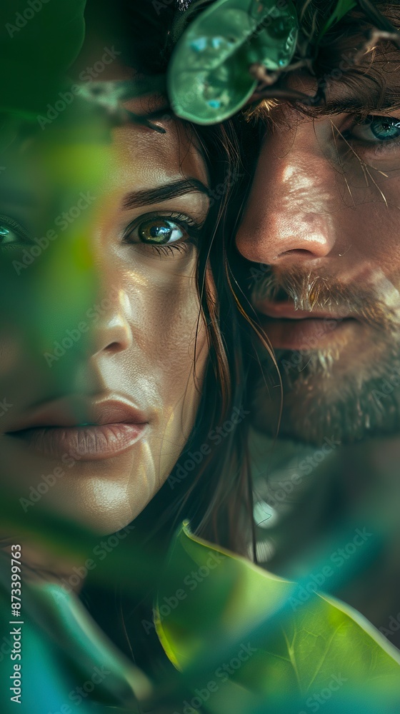 Close-up of Adam and Eve in the garden of Eden in a visual ...