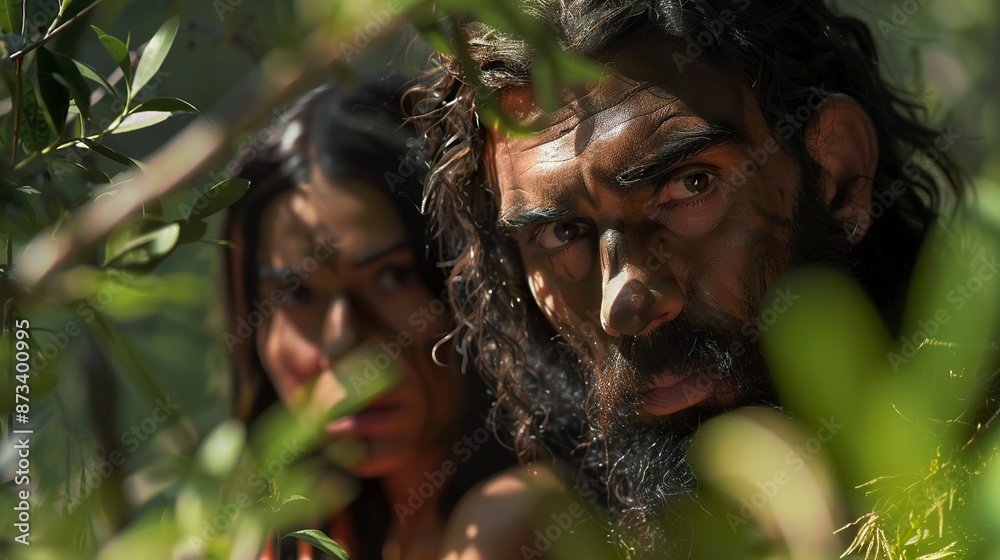 Close-up of Adam and Eve in the garden of Eden in a visual ...