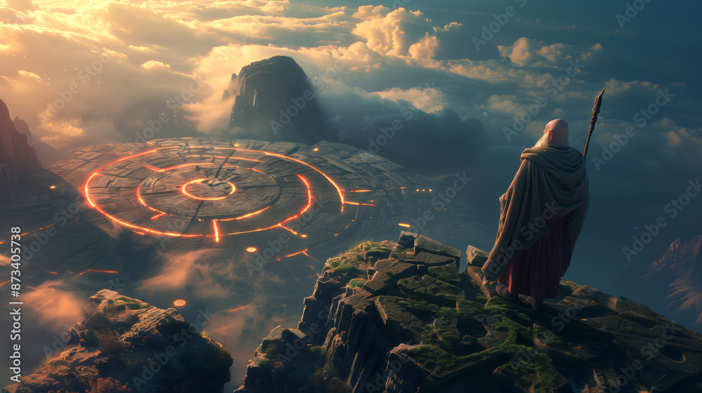 an old wizard with staff standing on top of the mountain, overlooking ...