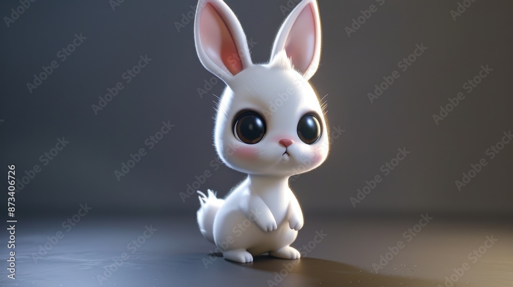 Stylized, anthropomorphic white rabbit with large, expressive eyes, a ...