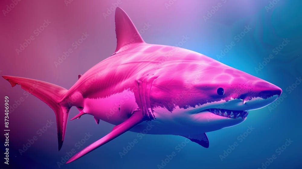 Digitally altered shark with a pink and blue color scheme, set against ...
