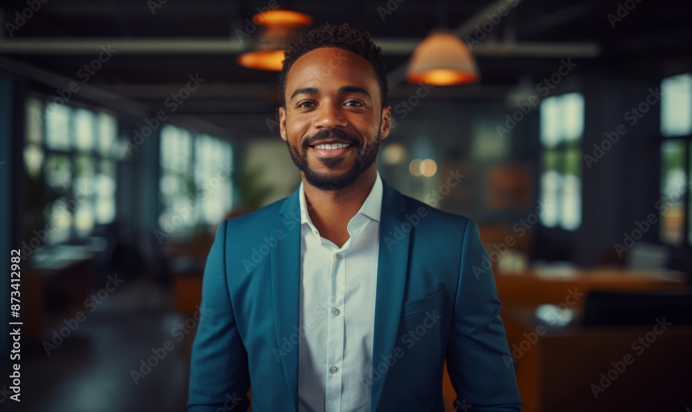 work portrait of happy poc black man wearing light blue business suit ...