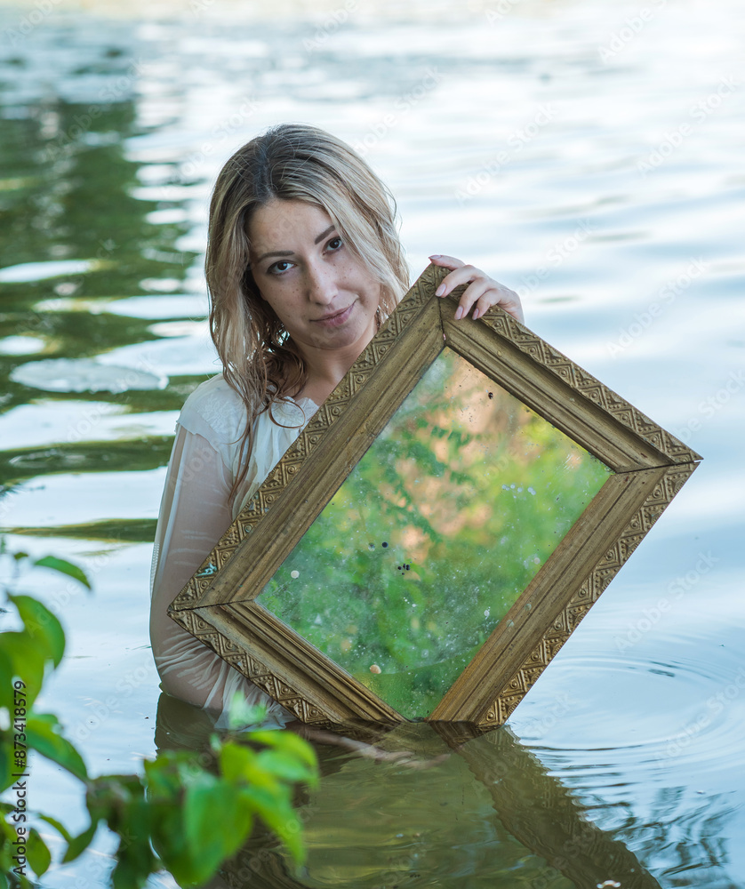 Natural appearance lady in the lake. Femininity concept, naturally skin ...