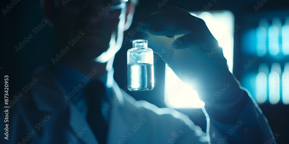 Scientist Examining a Glass Vial in a Laboratory Setting with Backlit ...