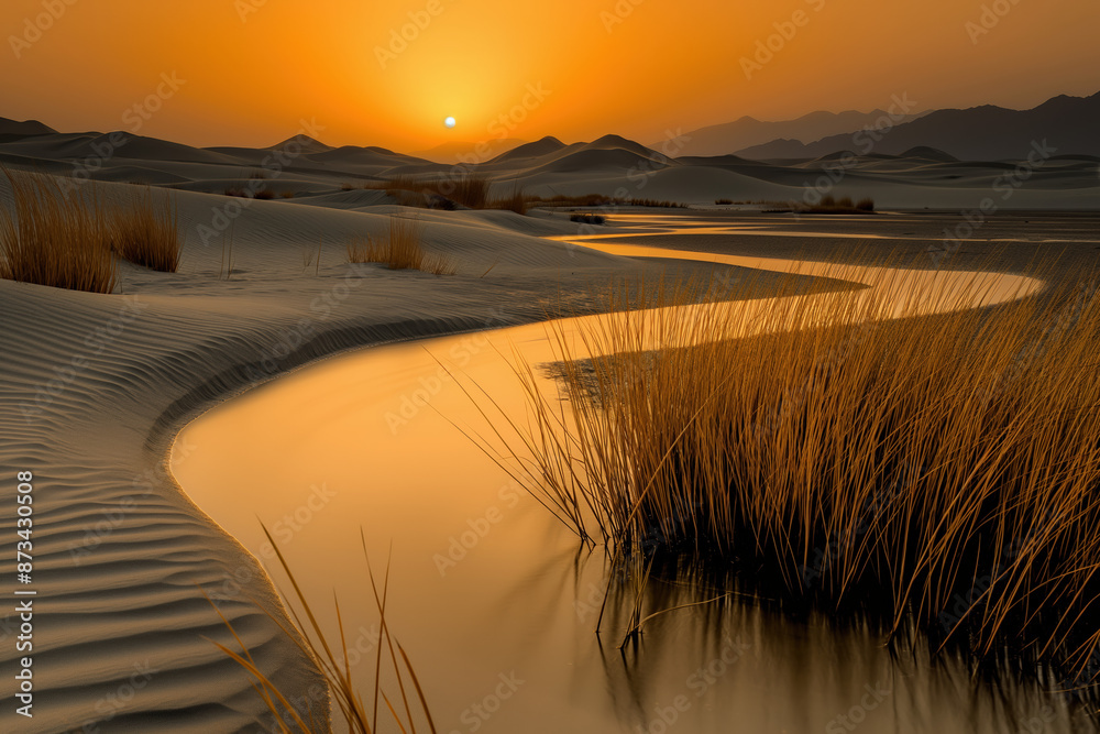Desert Sunset with Rippling Water and Grass. A stunning desert sunset captures rippling water ...