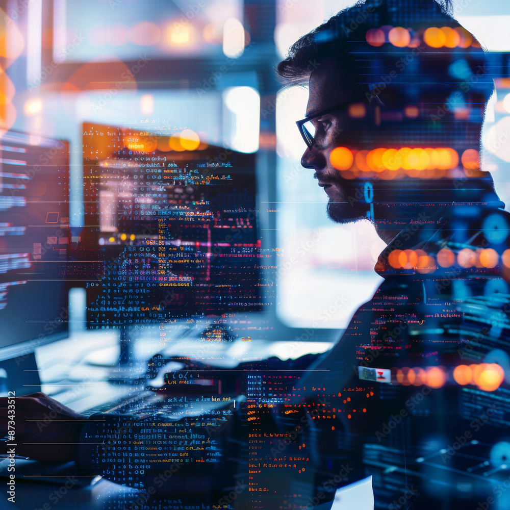 Side View Of A Hacker Using Computers At A Desk With A Creative Digital Programming Language