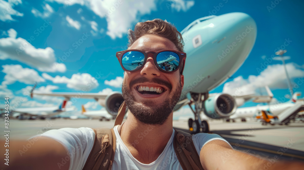 Happy traveler taking a selfie at the airport in front of an airplane under a sunny sky, excited ...