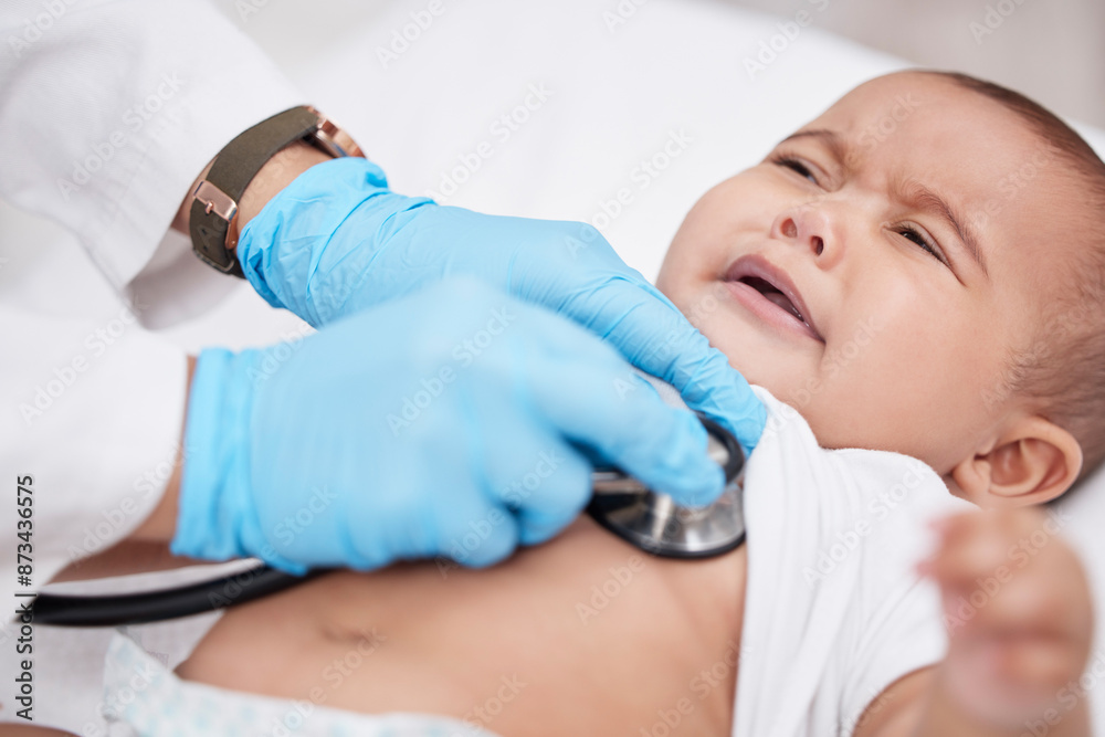 Baby, doctor and stethoscope for crying and heartbeat, checkup and ...