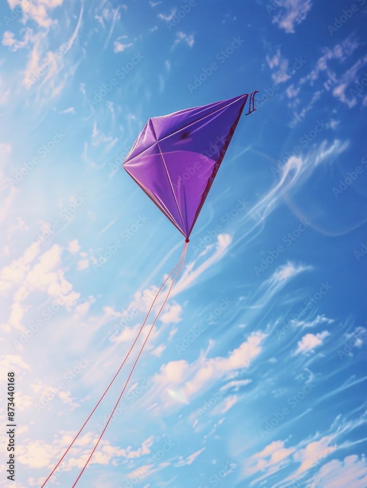 A purple kite is flying high in the sky. The sky is blue with some ...
