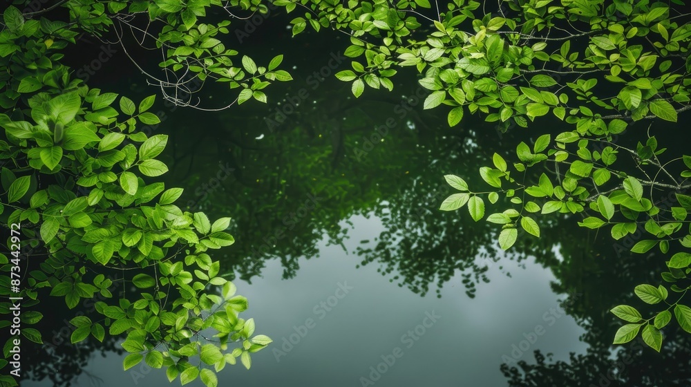 Green leaves of a tree overhang a still pond with a cloudy reflection ...