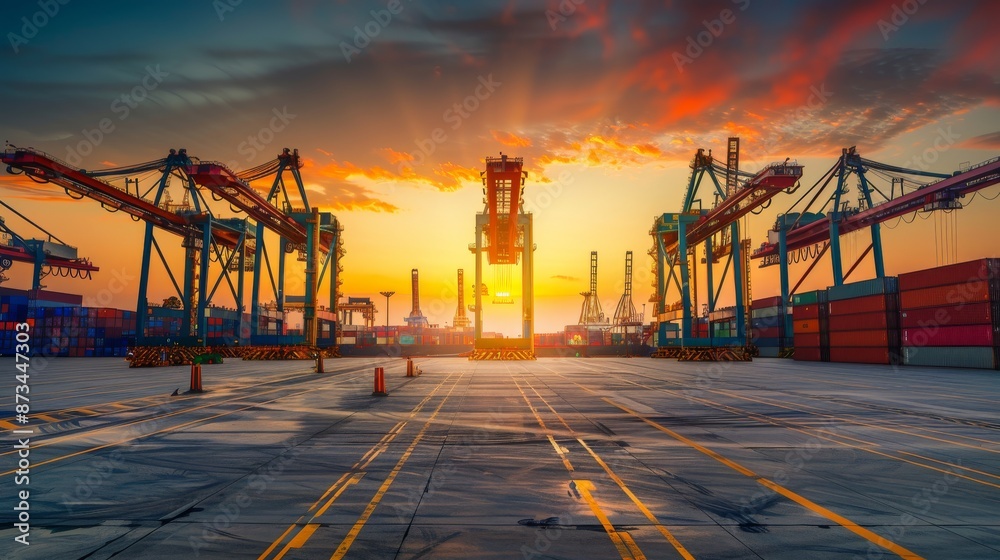 A modern port terminal alive with loading operations, featuring ...