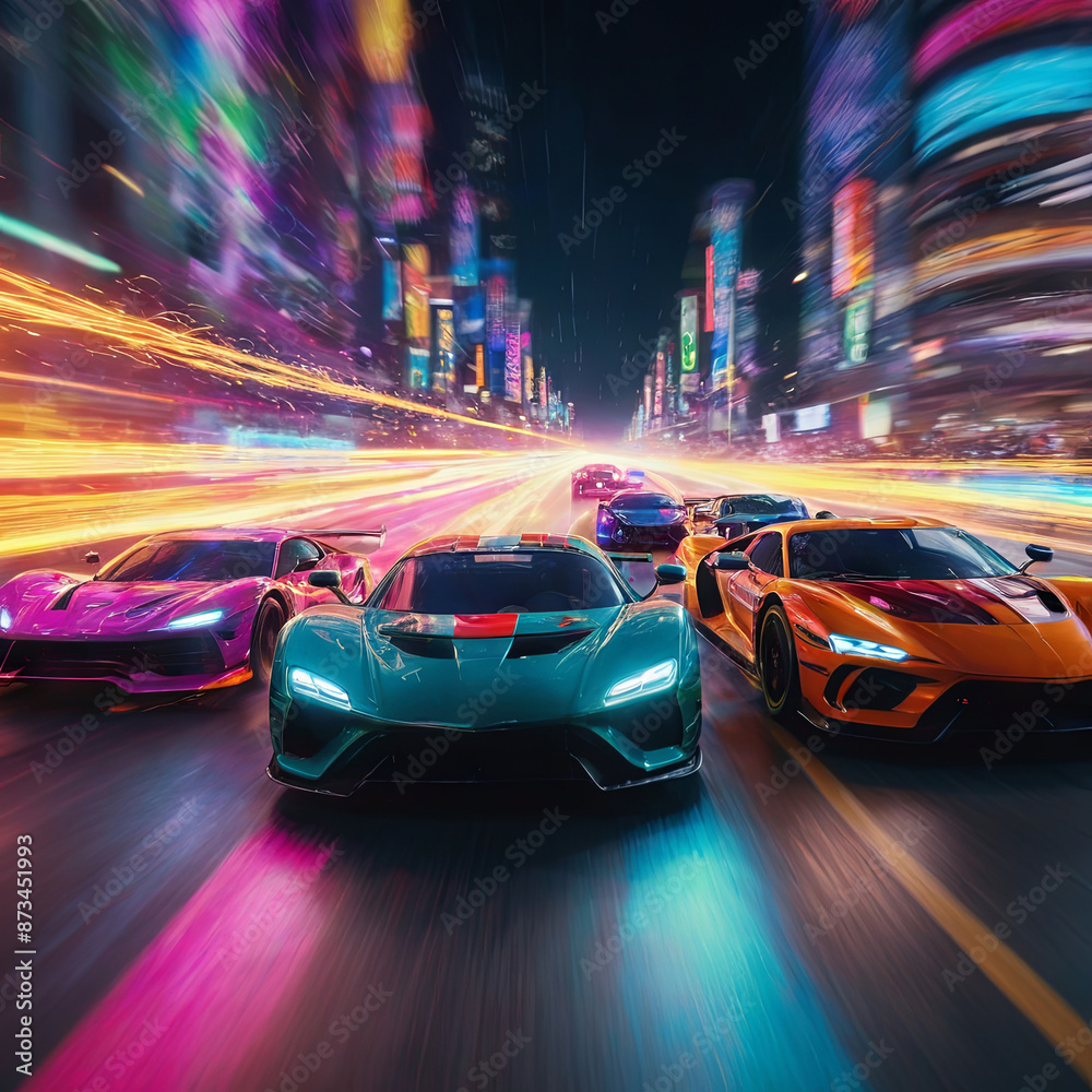 Four sleek sports cars race down a city street at night, their ...