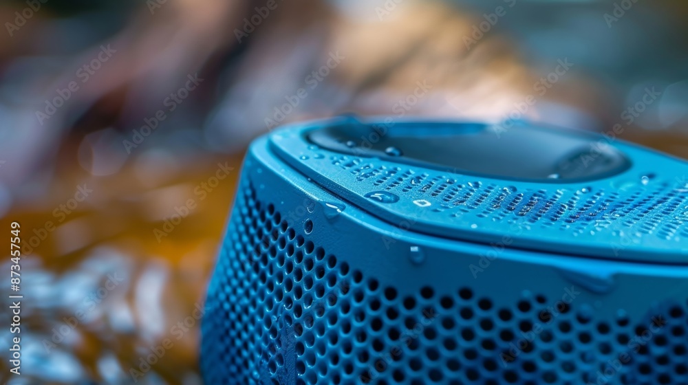 This image focuses on a portable Bluetooth speaker in vibrant royal ...
