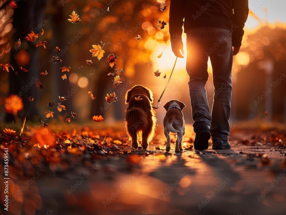 Man and dog strolling along a park path, autumn leaves, warm golden ...