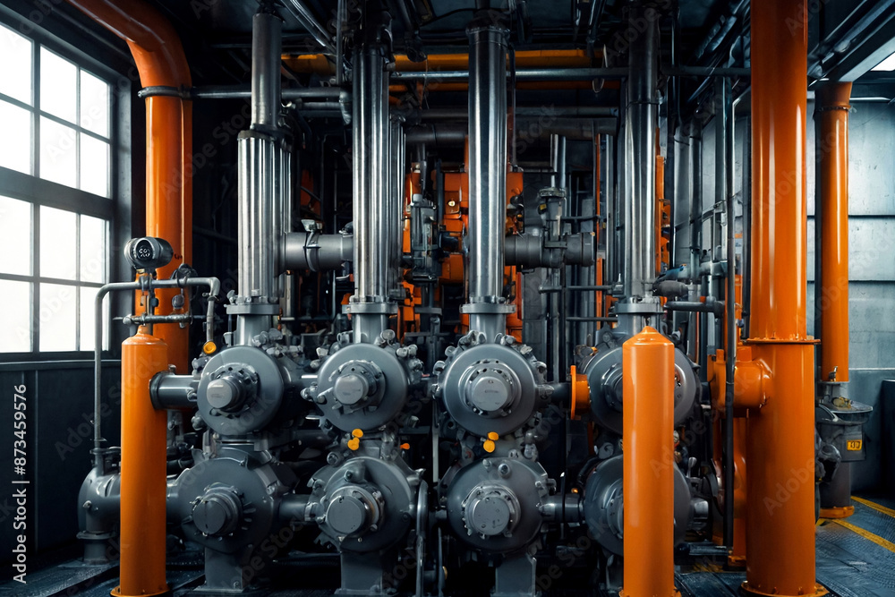 Industrial interior of water pump, valves, pressure gauges, motors ...