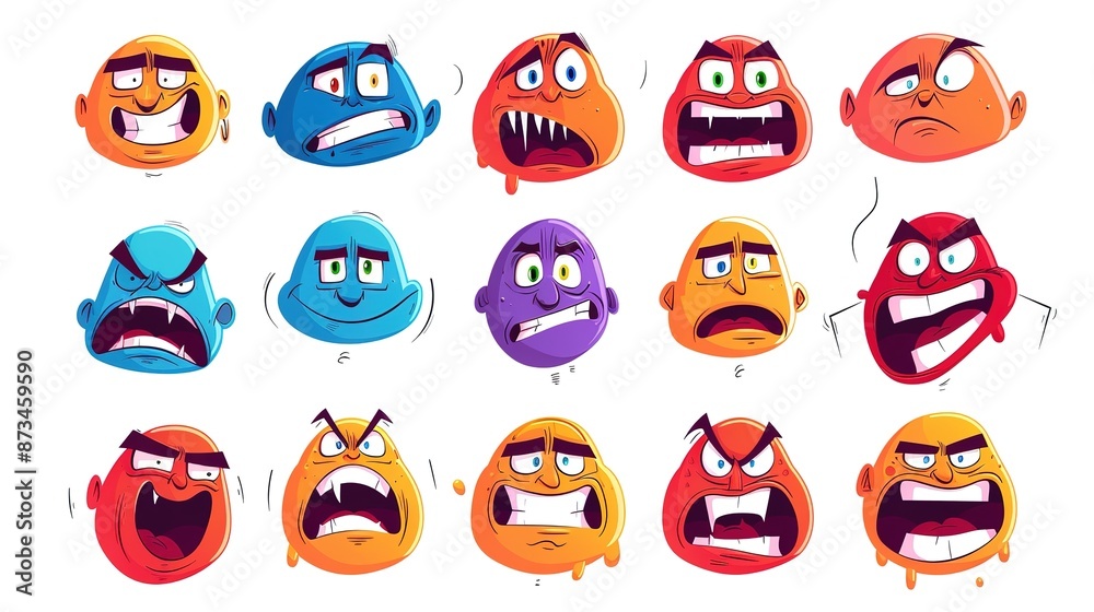 “Set of Cartoon Angry Faces - Expressive Emotion Icons Collection Stock ...