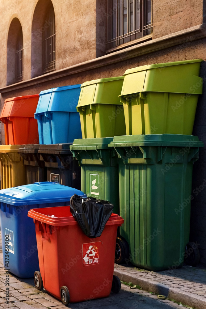 Various garbage bins for separate collection of garbage. Colorful ...