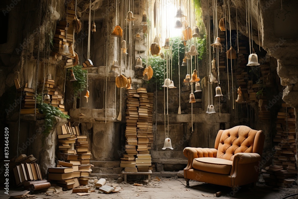 Step into an ethereal realm where old books hang suspended, creating a ...