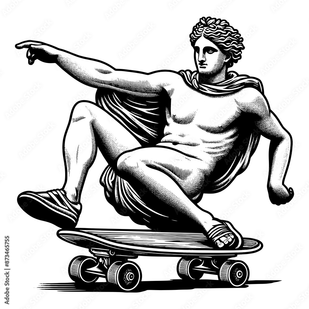 classical statue figure riding a skateboard, ancient art with modern ...