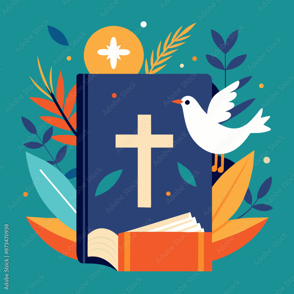 Divine Symbols: Holy Bible with Cross, Dove, Illustration Stock Vector ...