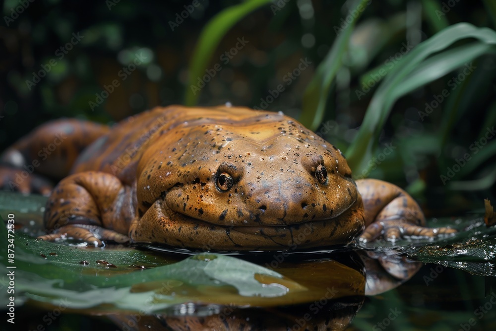 Full body view of Chinese Giant Salamander on leave in natural habitat ...