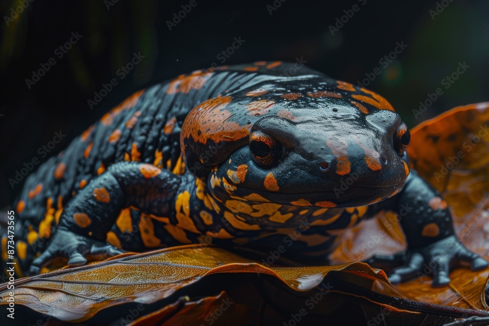 Mystic portrait of Japanese Giant Salamander on leave, full body view ...