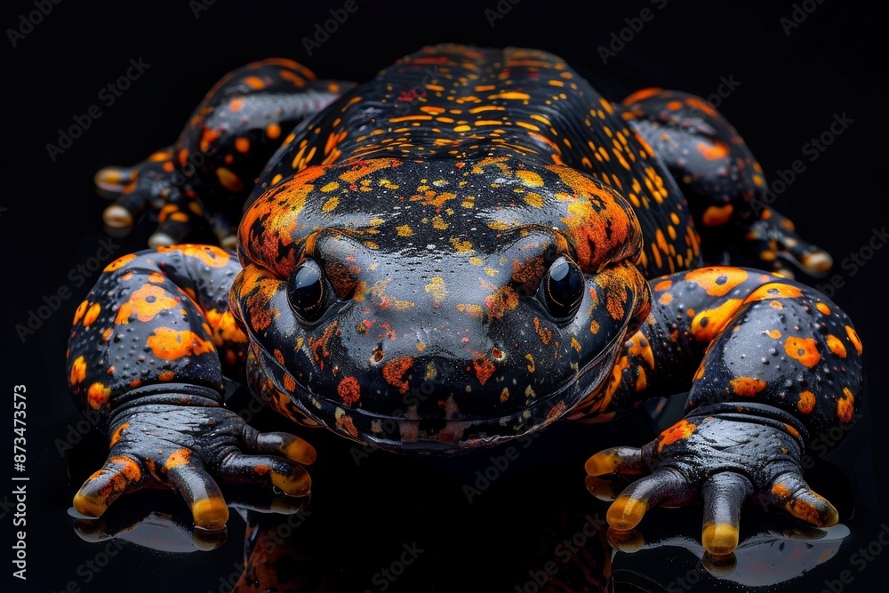 Mystic portrait of Japanese Giant Salamander on leave, full body view ...