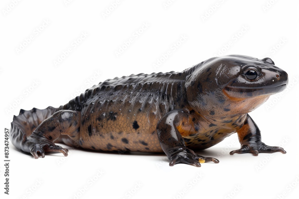 the beside view Japanese Giant Salamander, left side view, white copy ...