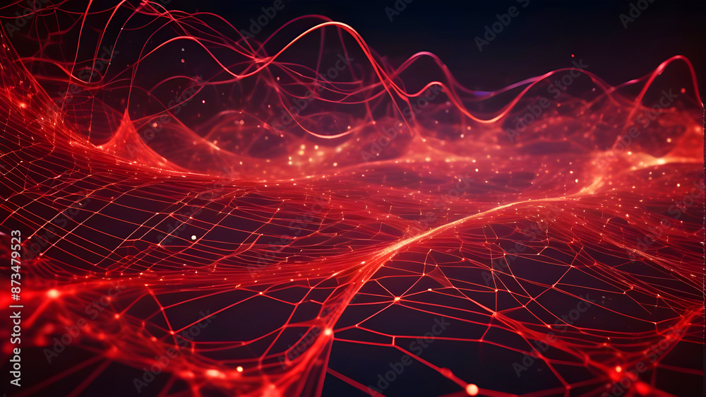 Abstract red tech background with digital waves, dynamic network system, artificial neural ...