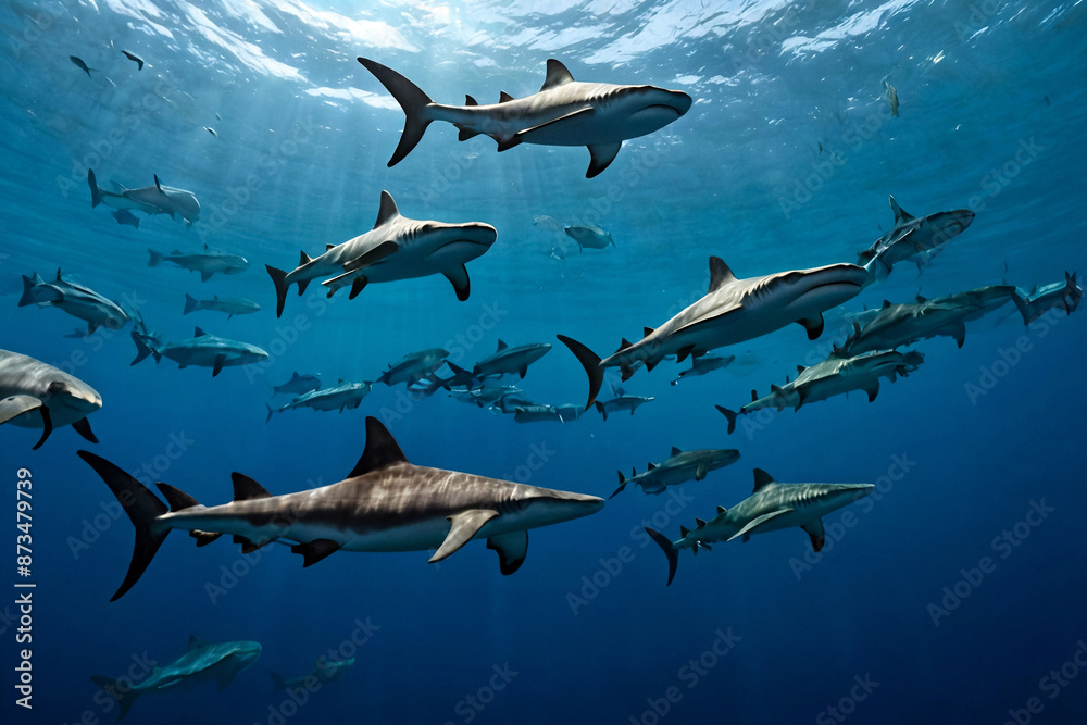Great Hammerhead Shark. School of Hammerheads swimming in Red sea ...