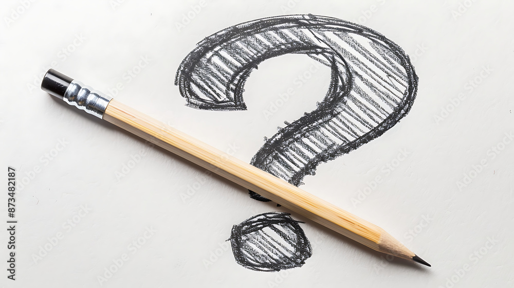 a hand-drawn question mark on a white paper background, accompanied by ...