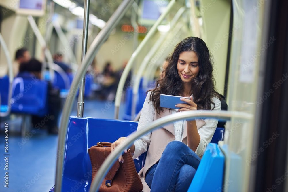 Train, travel and woman with phone for watching videos on journey ...